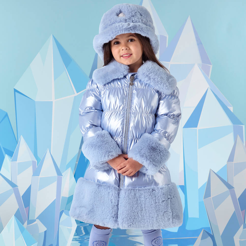 A Dee - Girls Metallic Blue Faux Fur Trim Puffer Coat | Childrensalon