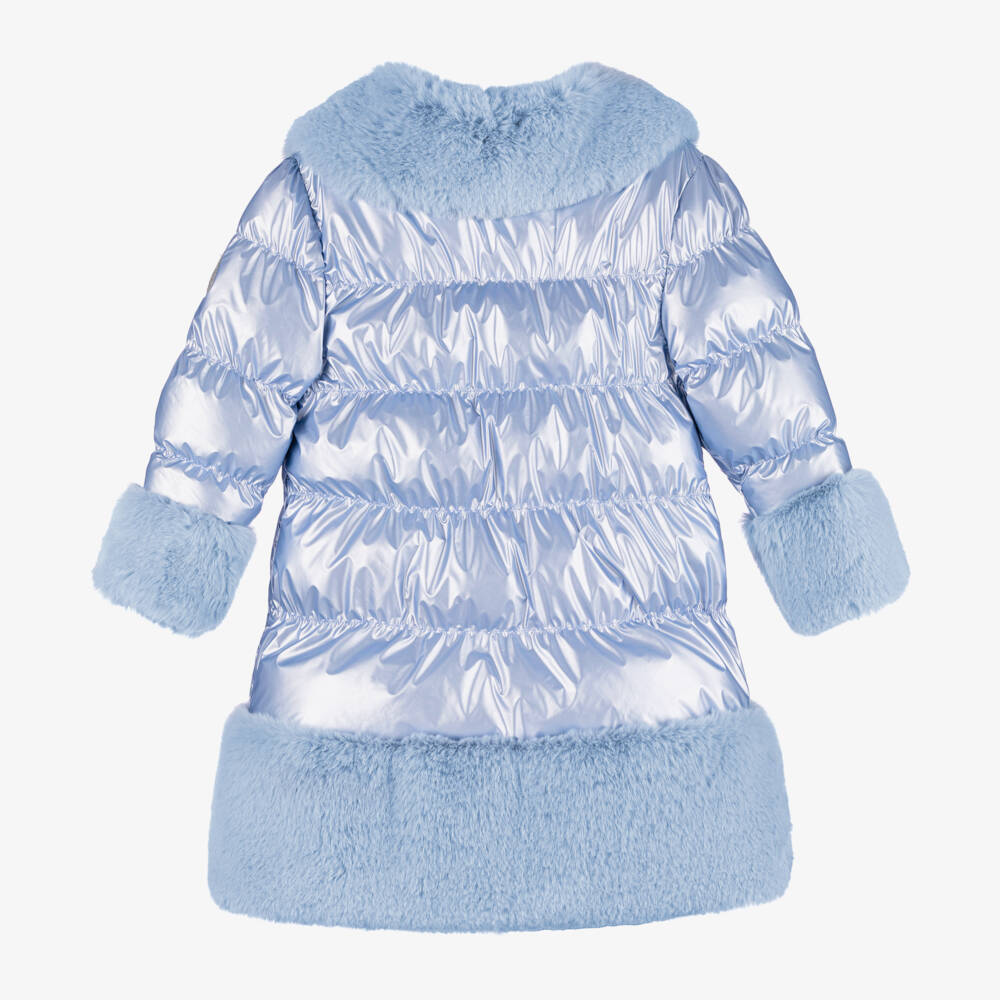 A Dee - Girls Metallic Blue Faux Fur Trim Puffer Coat | Childrensalon