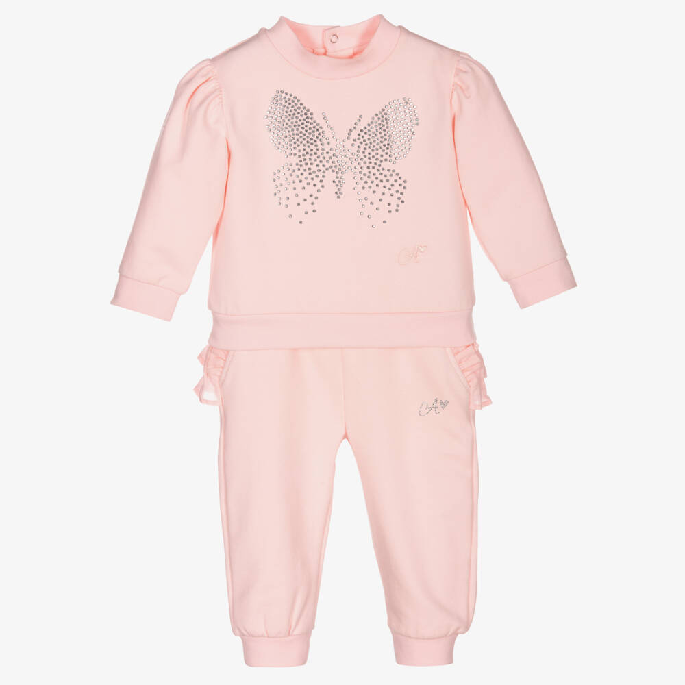 A Dee - Girls Pink Cotton Butterfly Tracksuit | Childrensalon