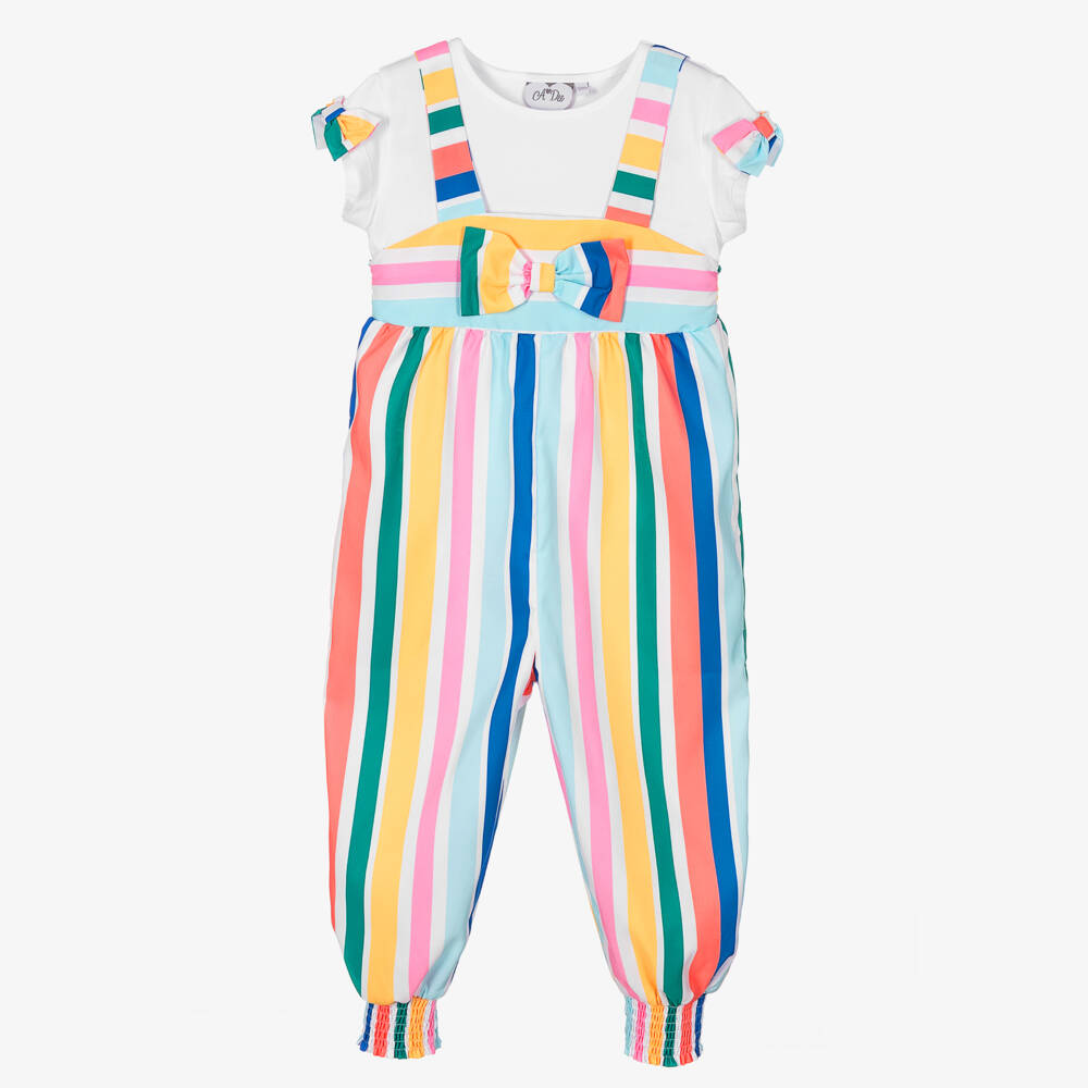 A Dee - Girls White Rainbow Stripe Dungaree Set | Childrensalon