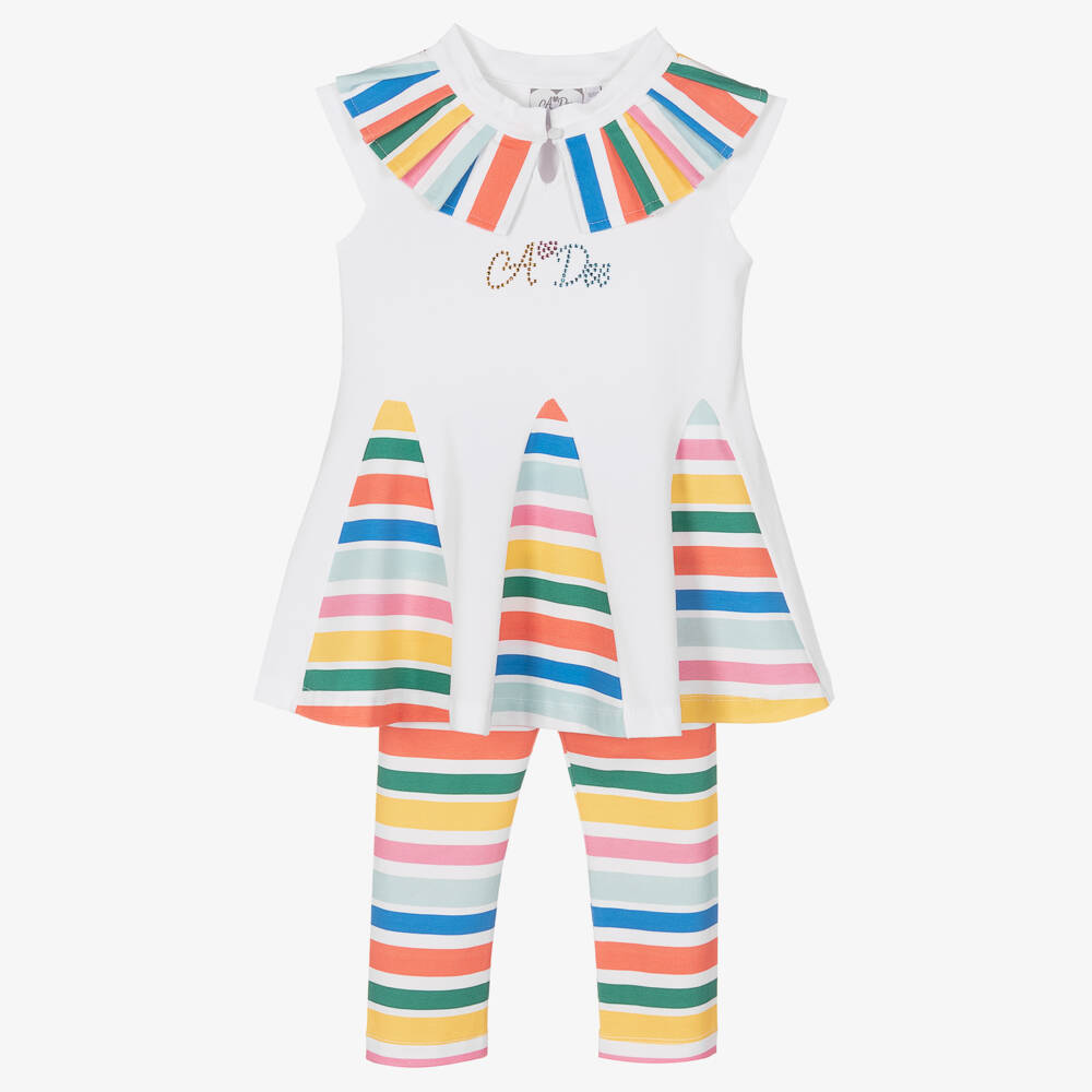 A Dee - Girls White Stripe Cotton Leggings Set | Childrensalon