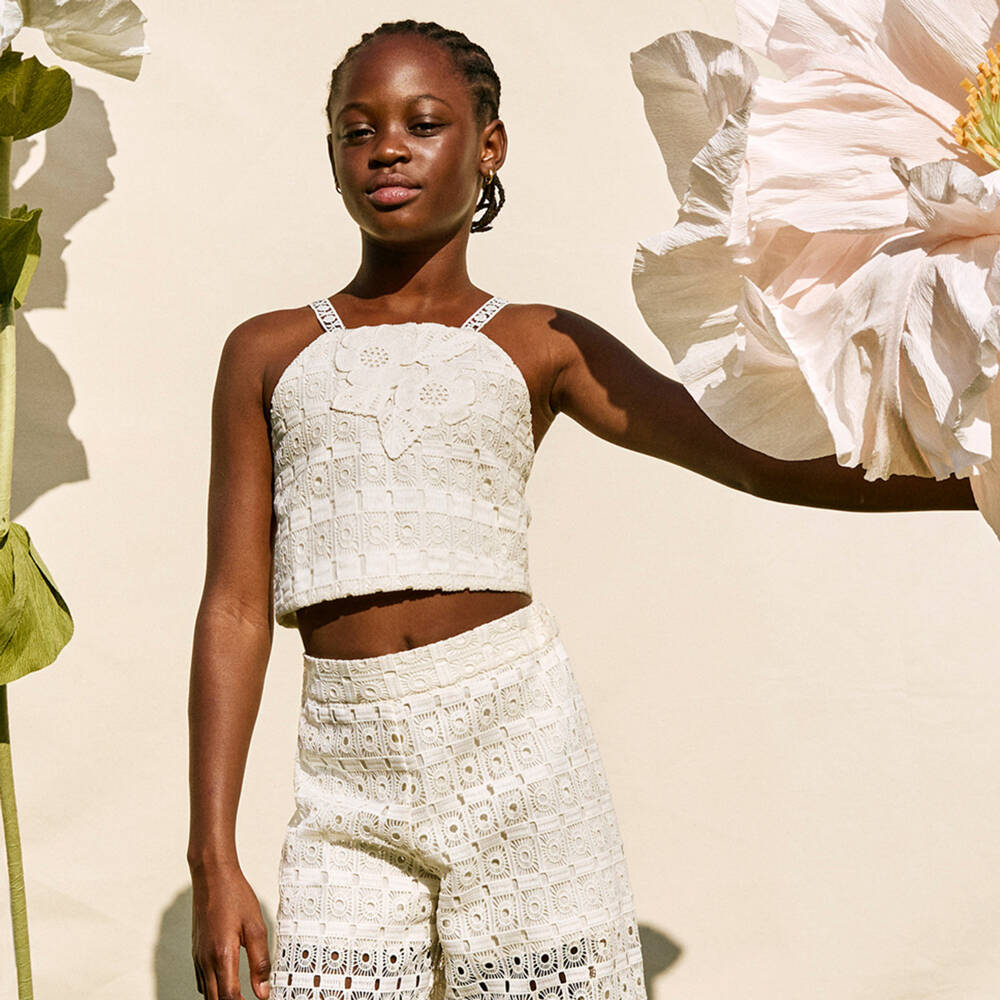 Abel & Lula - Girls Ivory Crochet Trousers Set | Childrensalon