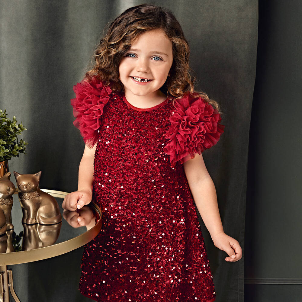 Abel & Lula - Girls Red Sequin & Tulle Ruffle Dress | Childrensalon