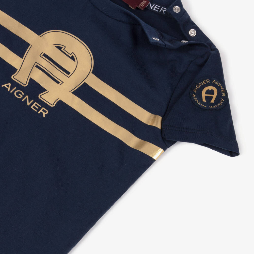 AIGNER - Baby Boys Navy Blue & Gold Horseshoe Logo T-Shirt | Childrensalon
