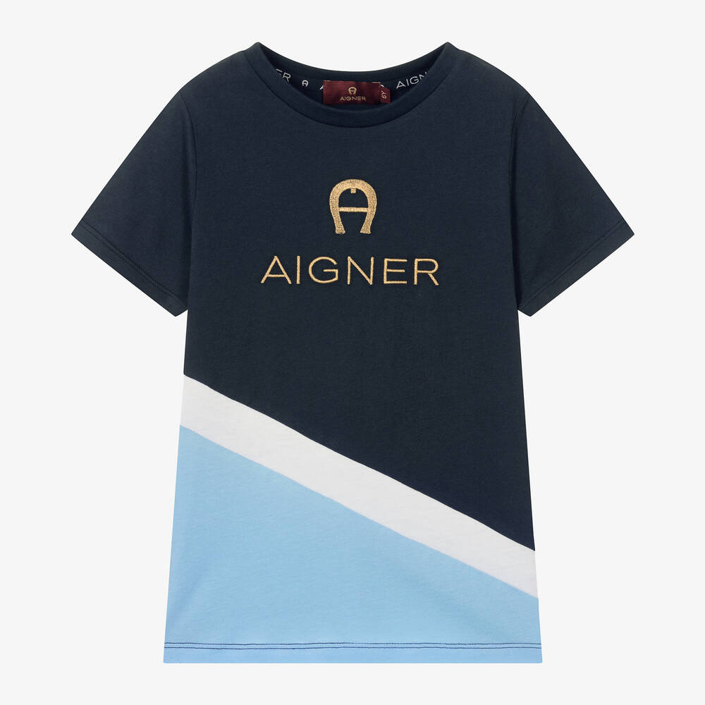 AIGNER - Boys Blue Stripe Cotton T-Shirt | Childrensalon