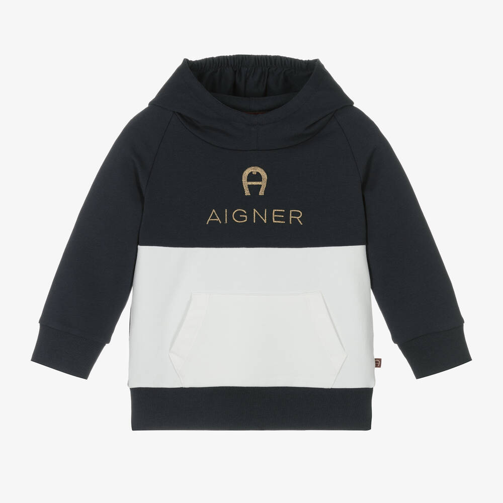 AIGNER - Boys Blue & White Cotton Hoodie | Childrensalon