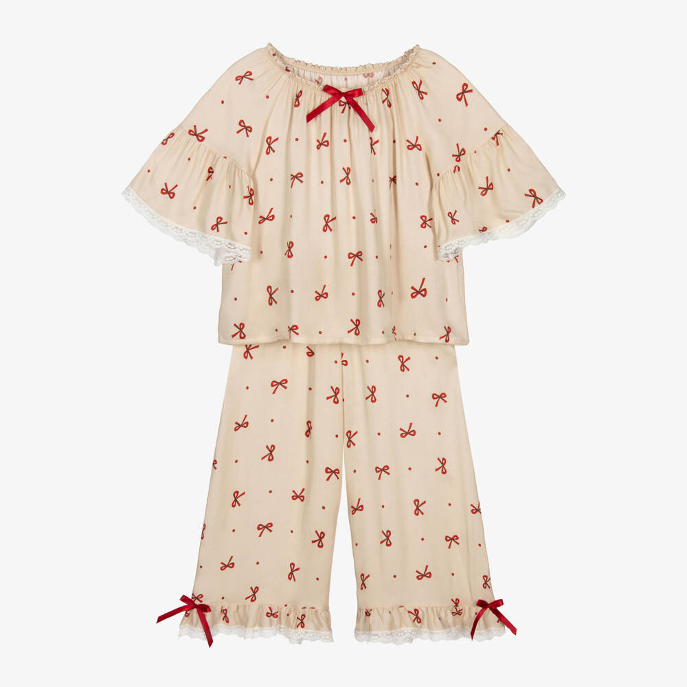 AMIKI Children - Girls Beige & Red Viscose Bow Print Pyjamas with Lace ...