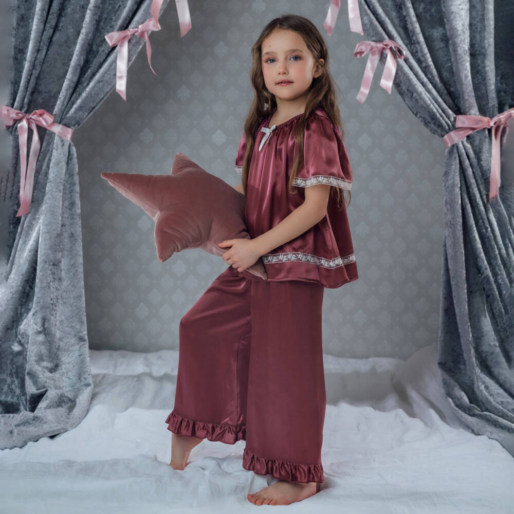 AMIKI Children - Girls Burgundy Red Silk Pyjamas | Childrensalon