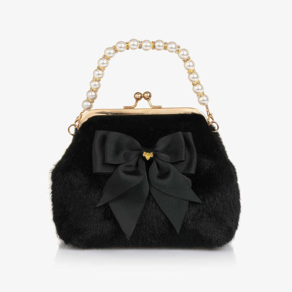 Angel's Face - Girls Black Faux Fur Handbag with Pearl Handle (20cm ...