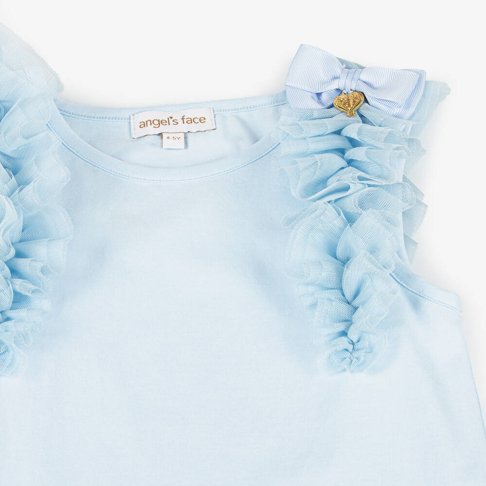 Angel's Face - Girls Blue Cotton & Tulle Ruffle Top | Childrensalon