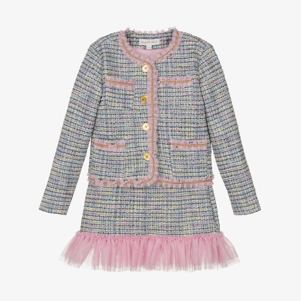 Angel's Face - Girls Blue Tweed Skirt Set | Childrensalon