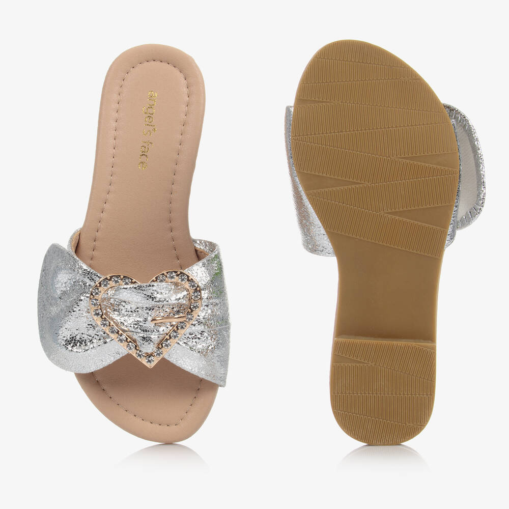 Angel's Face - Girls Metallic Silver Heart Sliders | Childrensalon