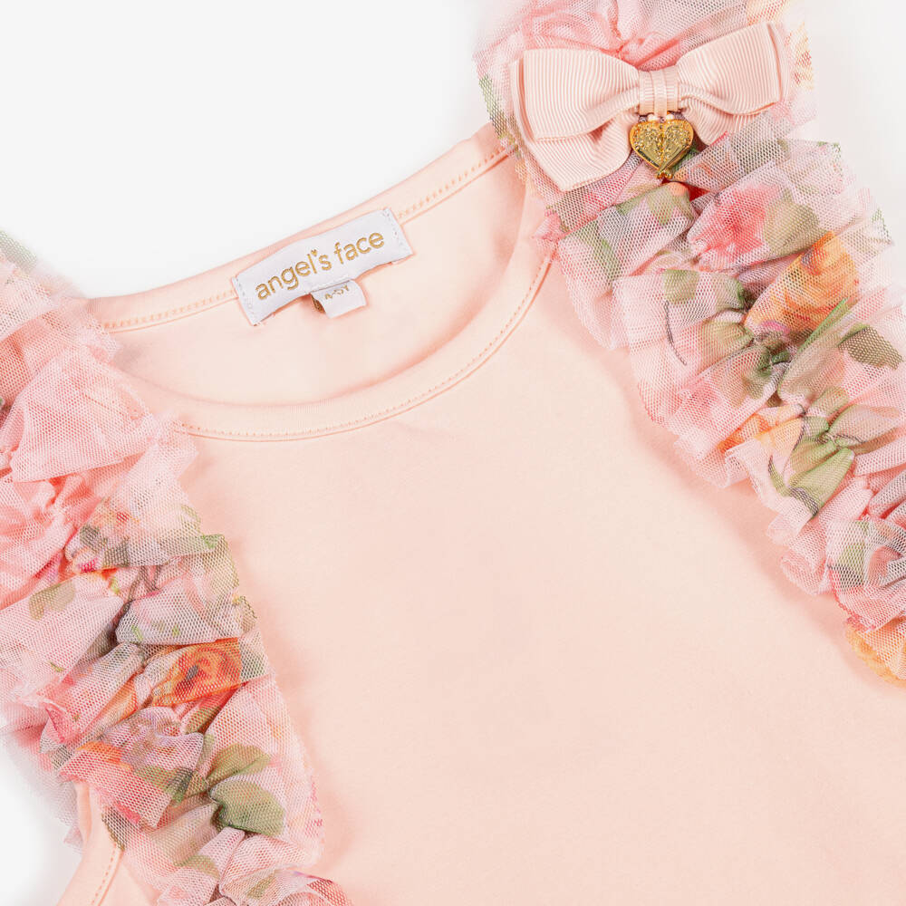 Angel's Face - Girls Pink Cotton & Tulle Ruffle Top | Childrensalon
