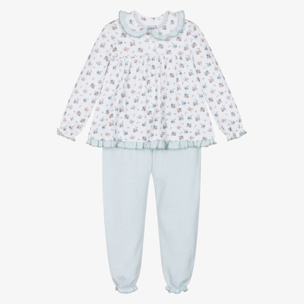 Babidu - Girls Green Floral & Gingham Cotton Pyjamas | Childrensalon