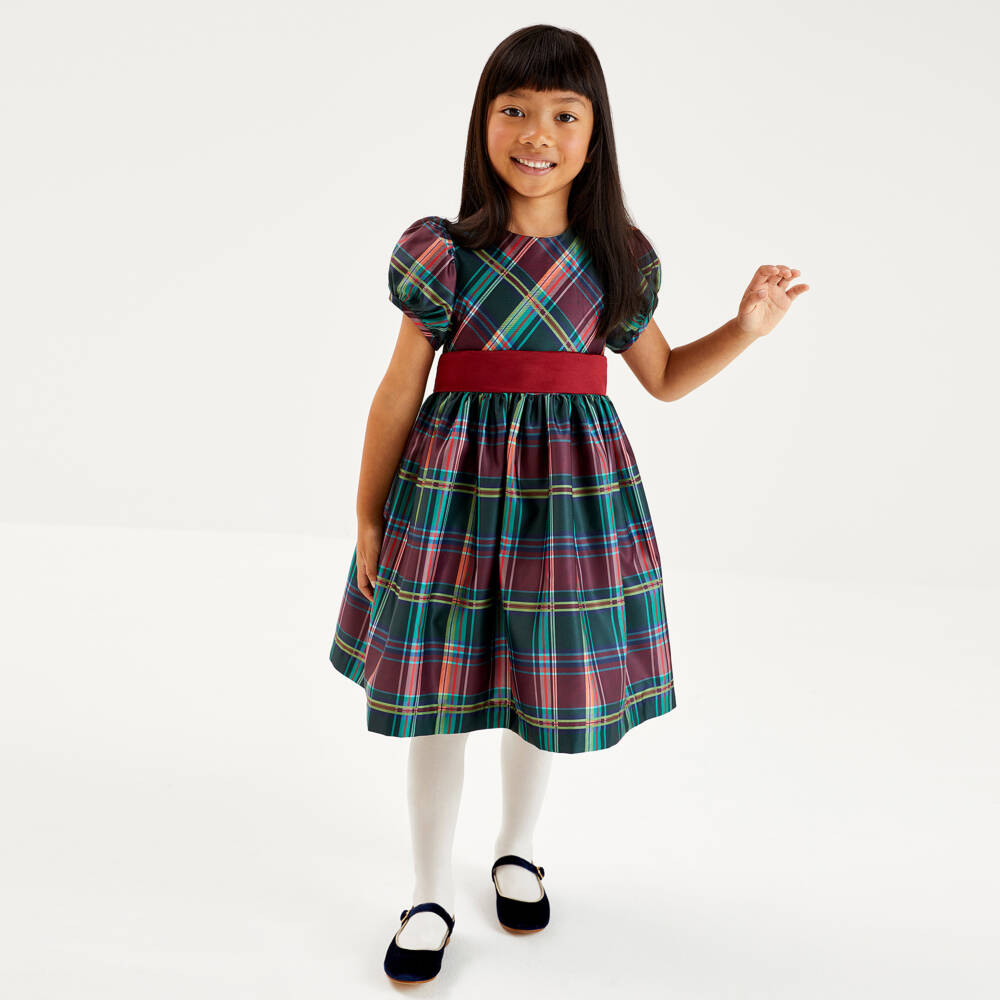 Beatrice & George - Girls Green Tartan Satin Twill Dress | Childrensalon