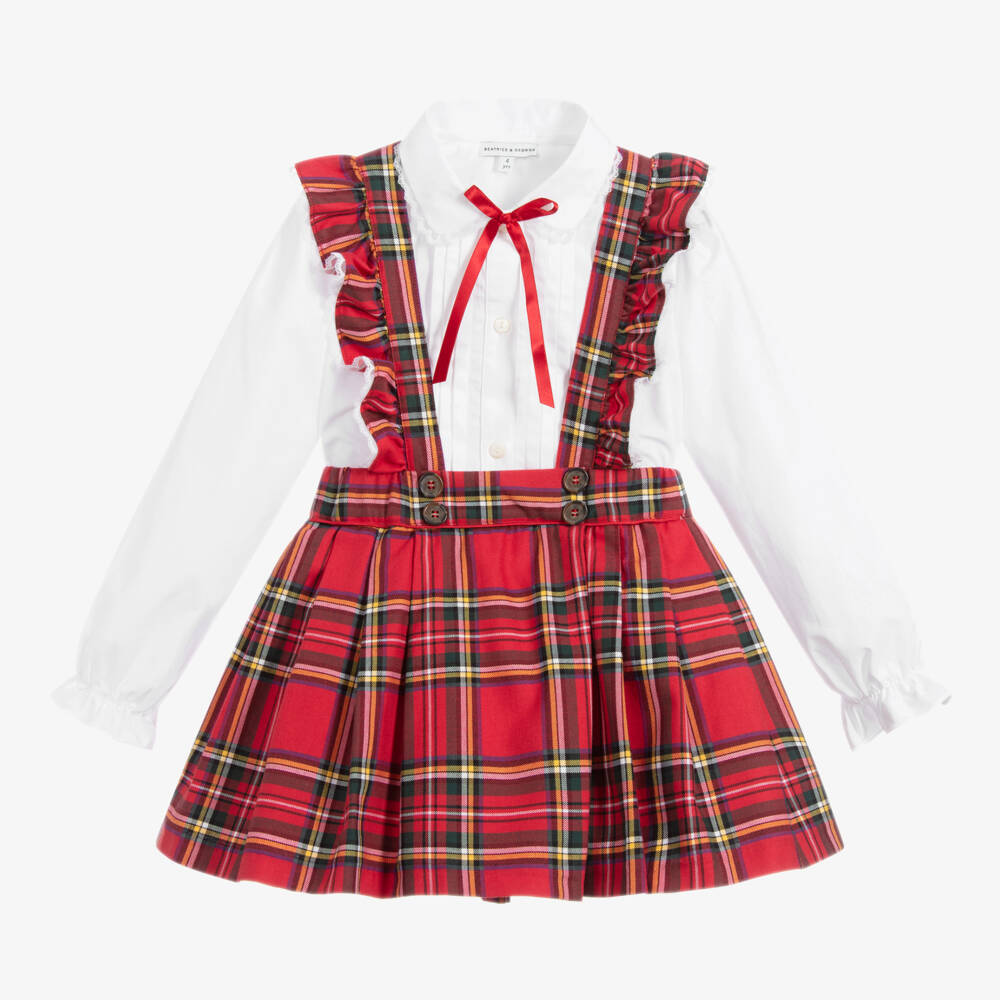 Beatrice & George - Girls Red Tartan Cotton Skirt Set | Childrensalon