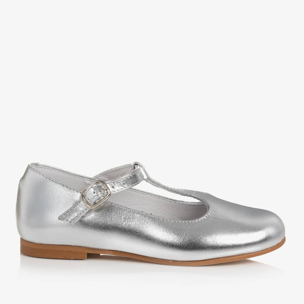 Beatrice & George - Girls Silver Leather T-Bar Shoes | Childrensalon