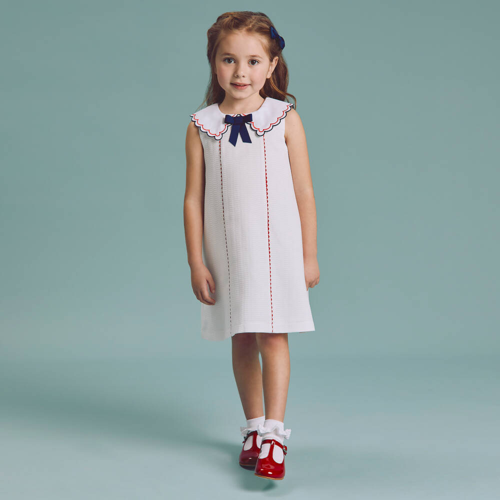 Beatrice & George - Girls White Cotton Ric Rac Dress | Childrensalon