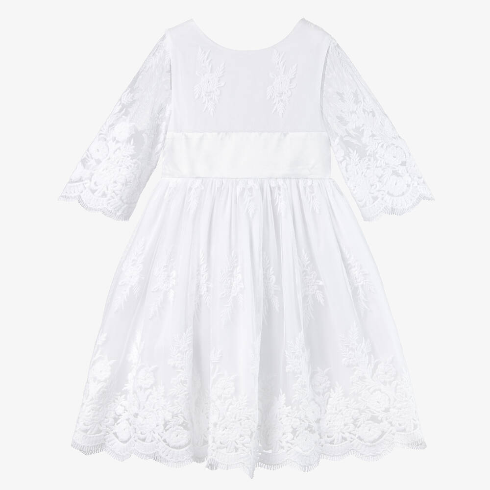 Beatrice & George - Girls White Embroidered Tulle Dress | Childrensalon