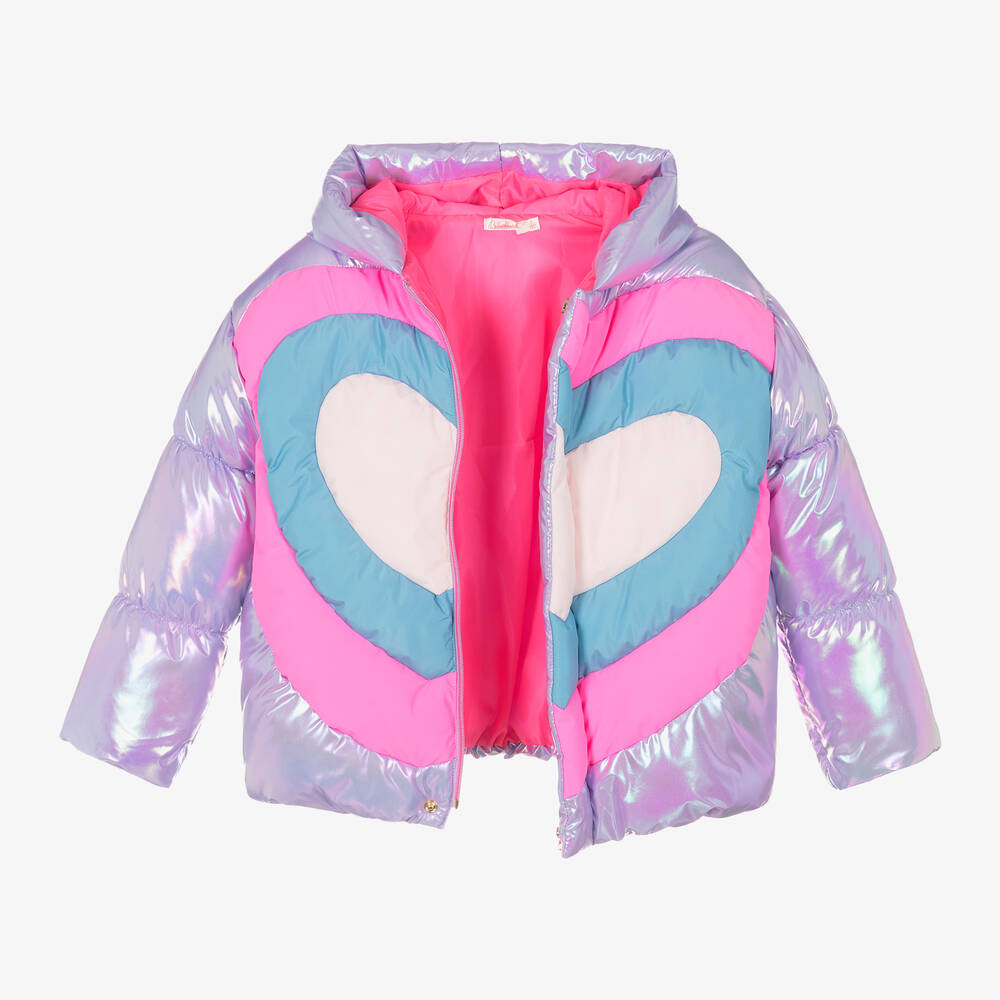 Billieblush - Girls Metallic Purple Heart Puffer Jacket | Childrensalon