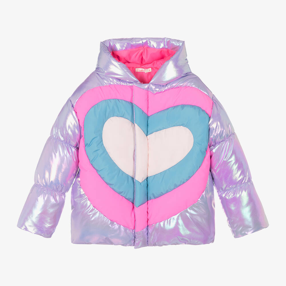 Billieblush - Girls Metallic Purple Heart Puffer Jacket | Childrensalon