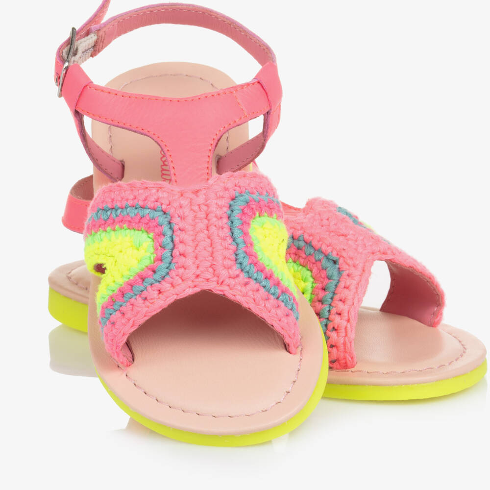 Billieblush - Girls Neon Pink Leather & Crochet Sandals | Childrensalon