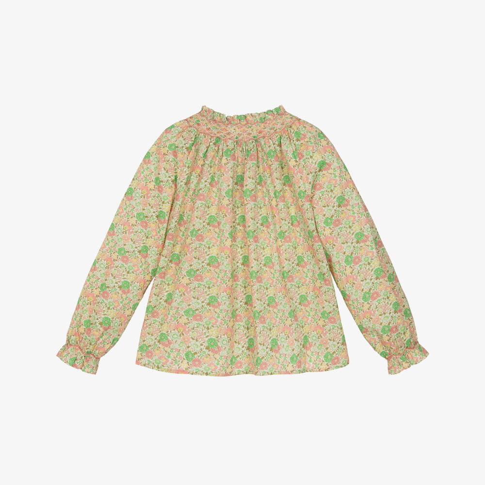 Bonpoint - Girls Green & Pink Smocked Floral Liberty Print Blouse ...