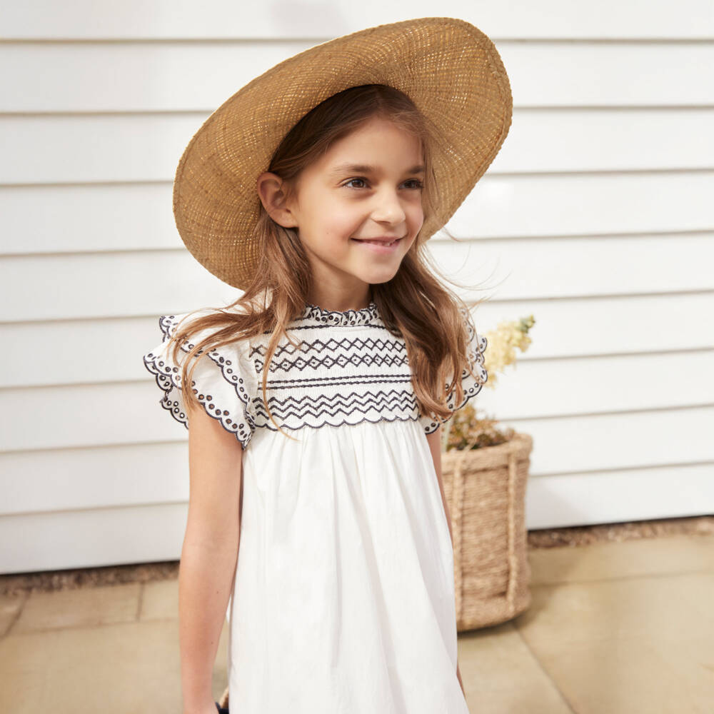 Bonpoint - Girls Ivory Smocked Cotton Dress | Childrensalon