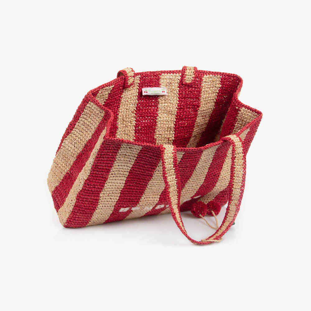 Bonpoint - Girls Red Stripe Raffia Bag (33cm) | Childrensalon