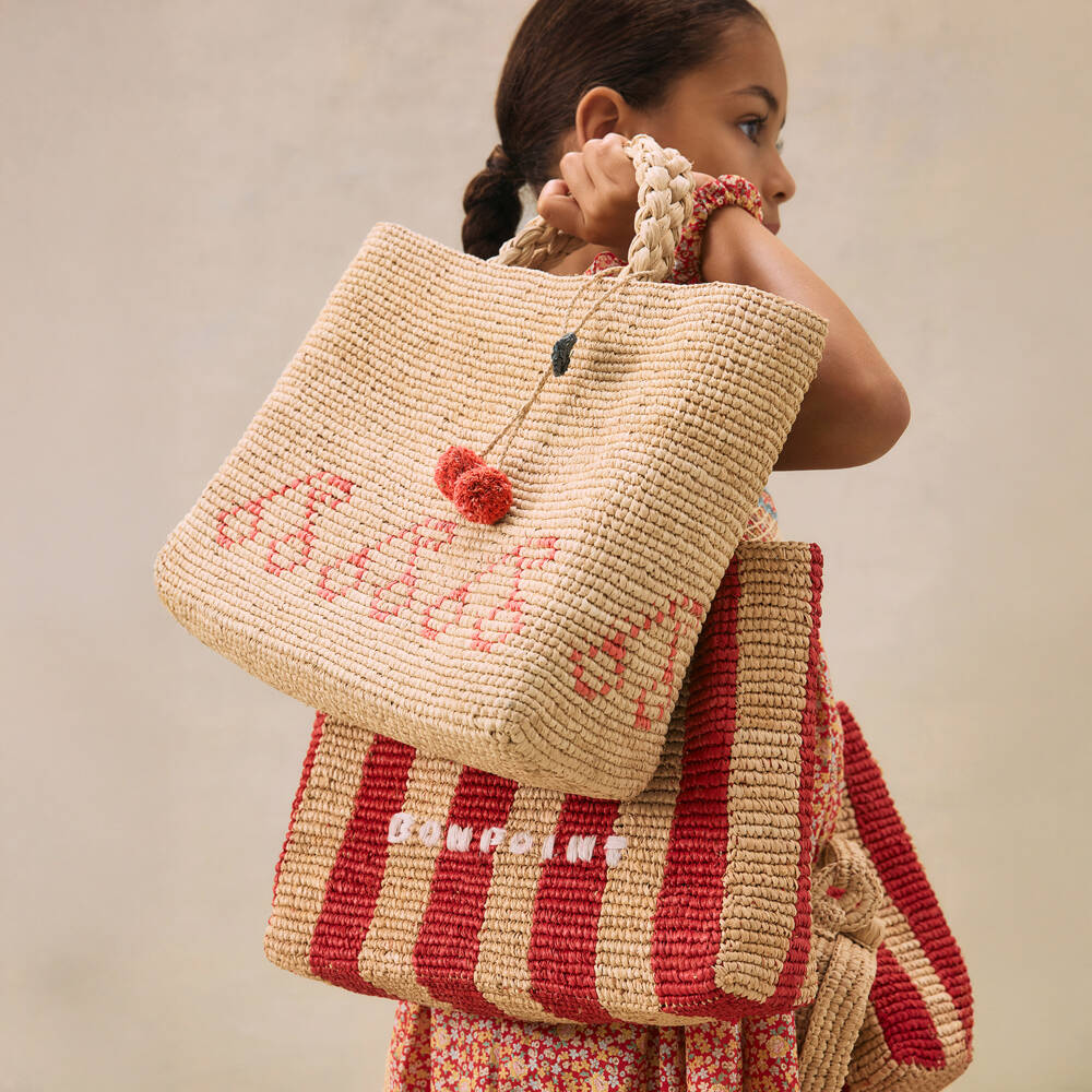 Bonpoint - Girls Red Stripe Raffia Bag (33cm) | Childrensalon