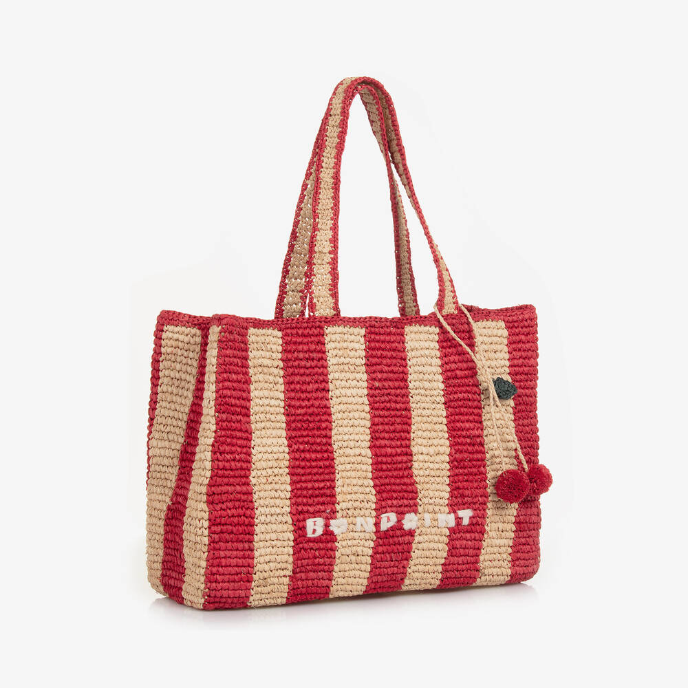 Bonpoint - Girls Red Stripe Raffia Bag (33cm) | Childrensalon