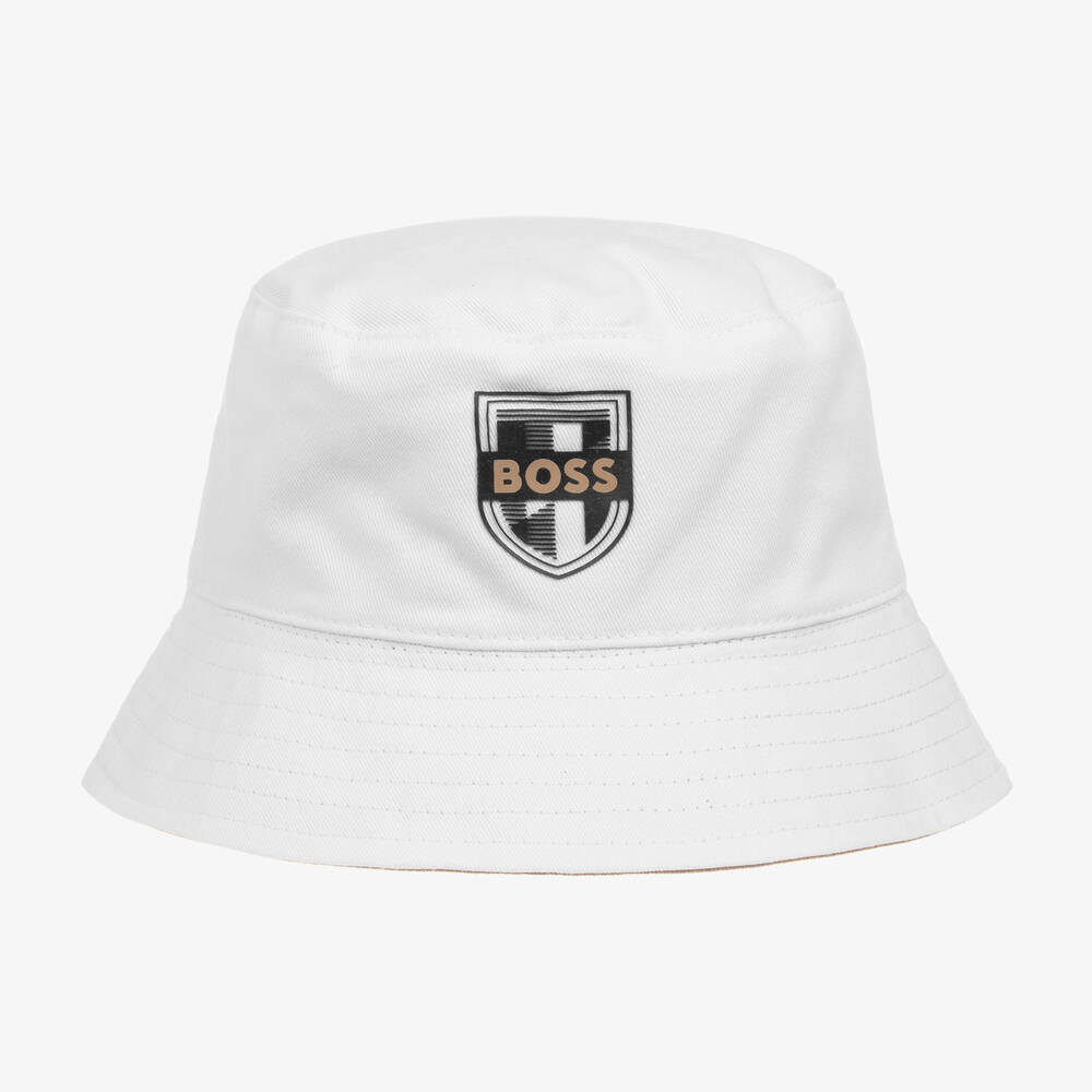 BOSS - Baby Boys White & Beige Reversible Bucket Hat | Childrensalon