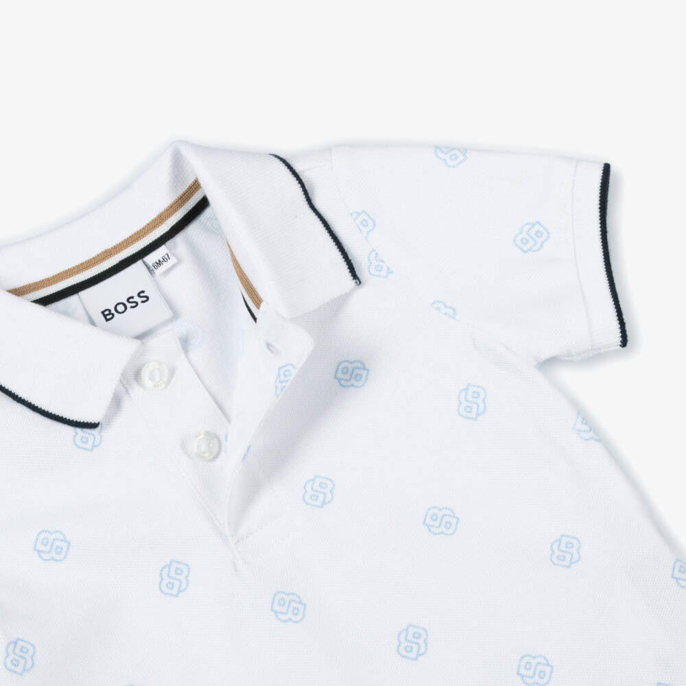 BOSS - Baby Boys White Cotton Monogram Polo Shirt | Childrensalon