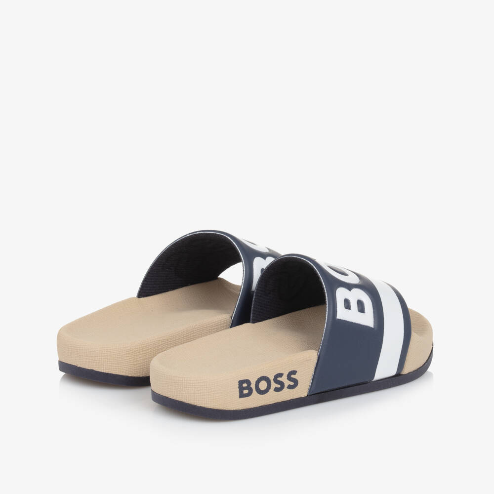 BOSS - Boys Blue & Beige Logo Sliders | Childrensalon