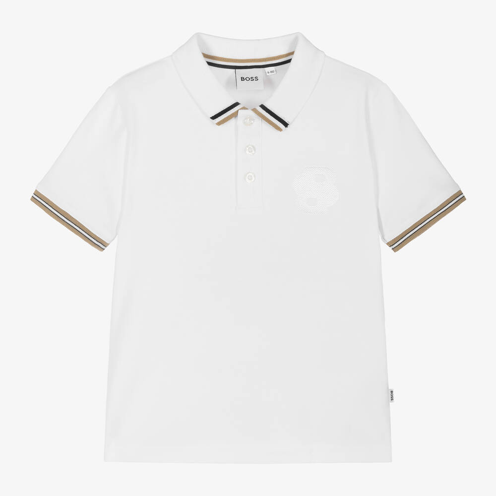 BOSS - Boys White Cotton Polo Shirt | Childrensalon