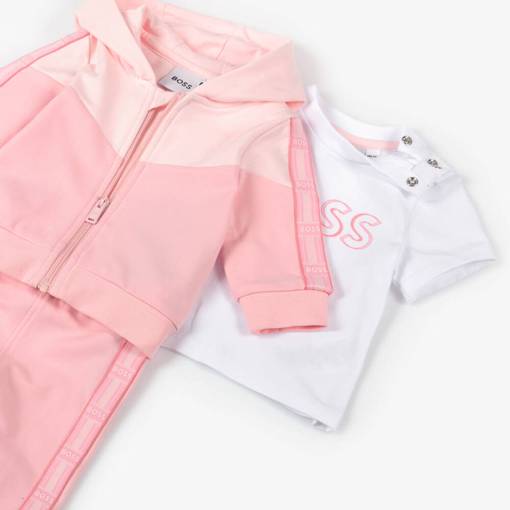 BOSS - Girls Pink Hooded Cotton Tracksuit | Childrensalon