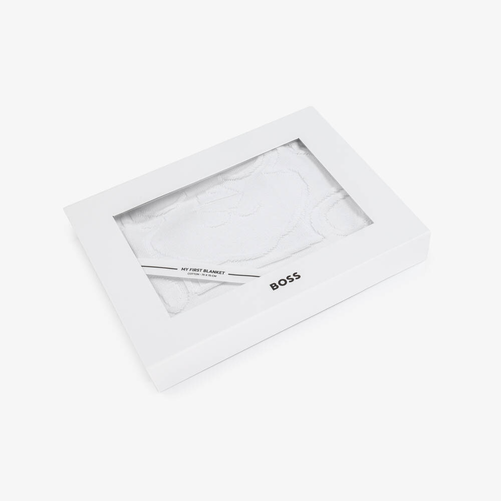 BOSS - White Cotton Knitted Baby Blanket (71cm) | Childrensalon