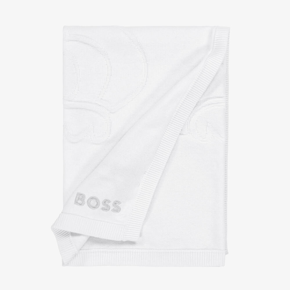 BOSS - White Cotton Knitted Baby Blanket (71cm) | Childrensalon