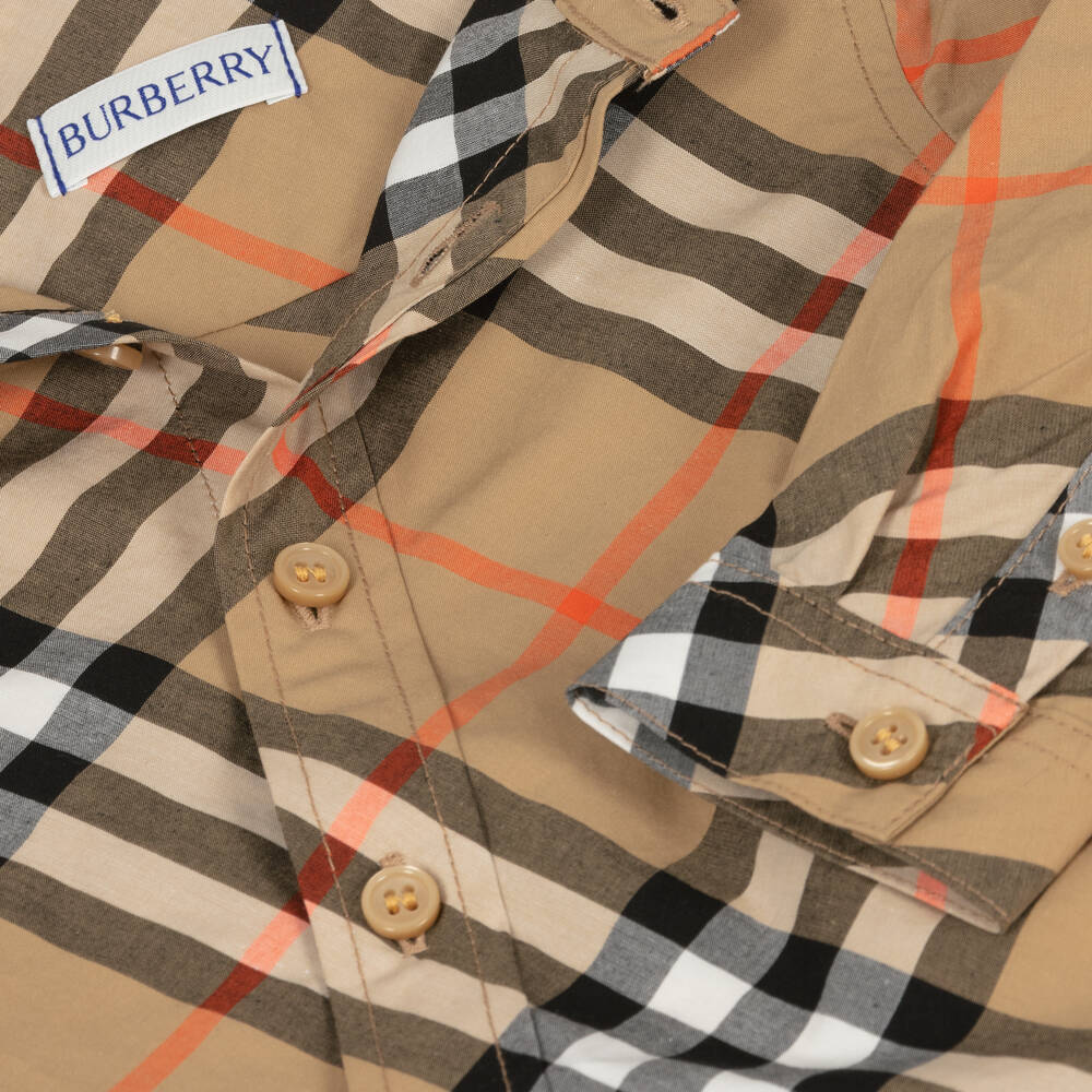 Burberry - Baby Boys Beige Check Cotton Long-Sleeved Shirt | Childrensalon