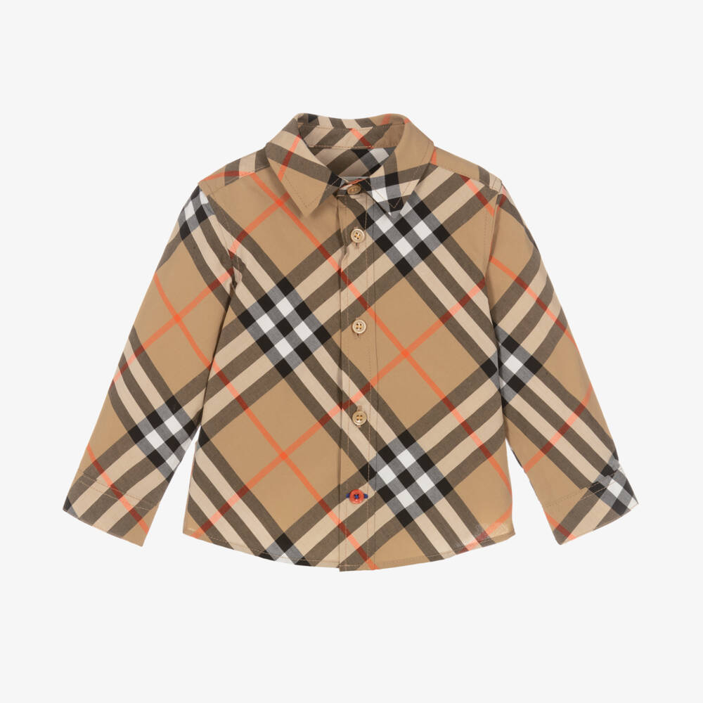 Burberry - Baby Boys Beige Check Cotton Long-Sleeved Shirt | Childrensalon