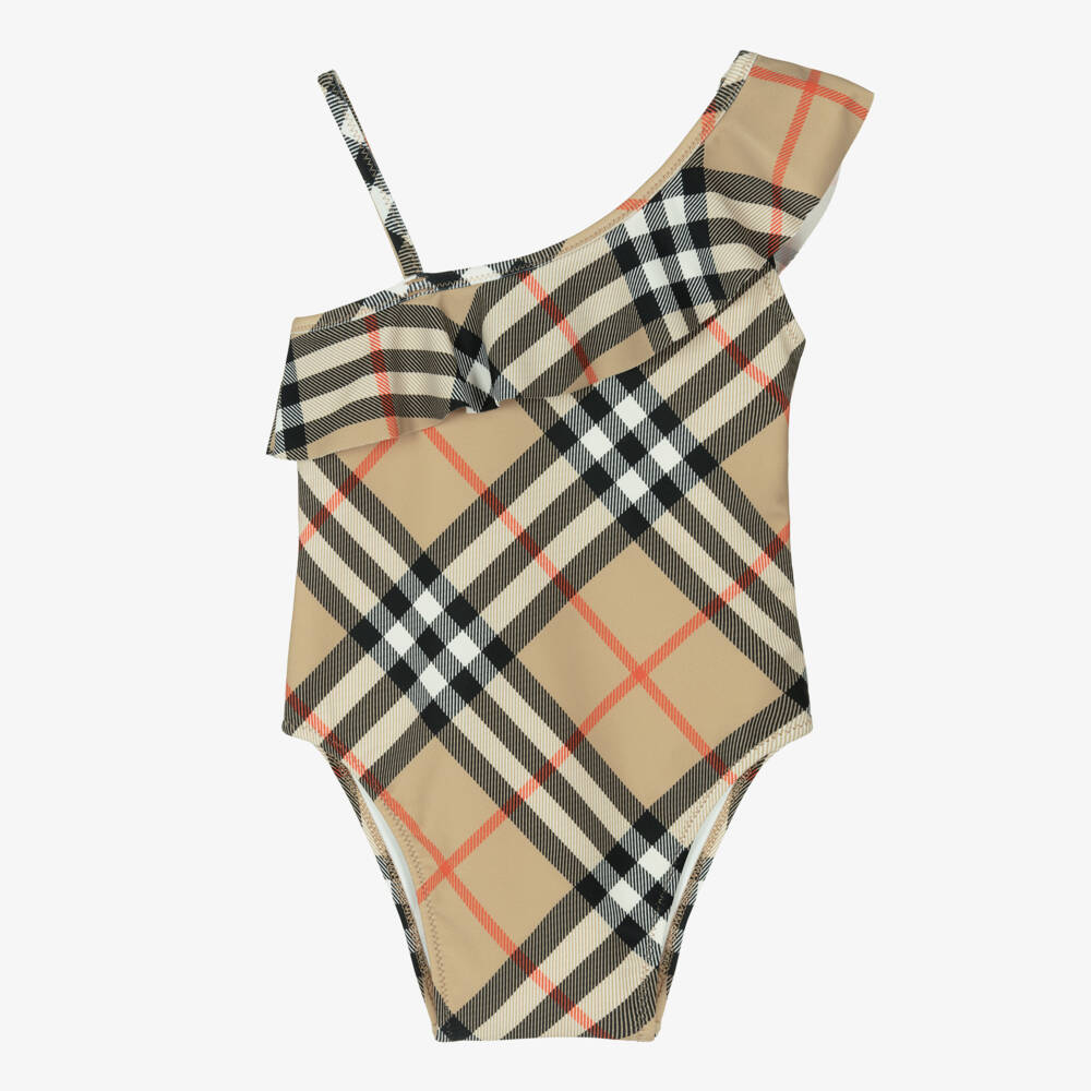 Burberry - Baby Girls Beige Check Asymmetric Swimsuit | Childrensalon