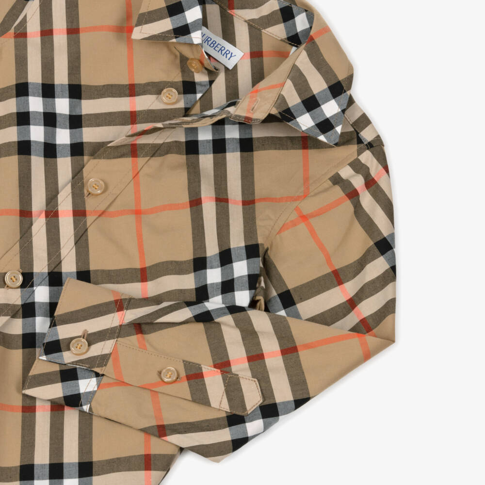 Burberry - Boys Beige Cotton Burberry Check Long-Sleeved Shirt | Childrensalon