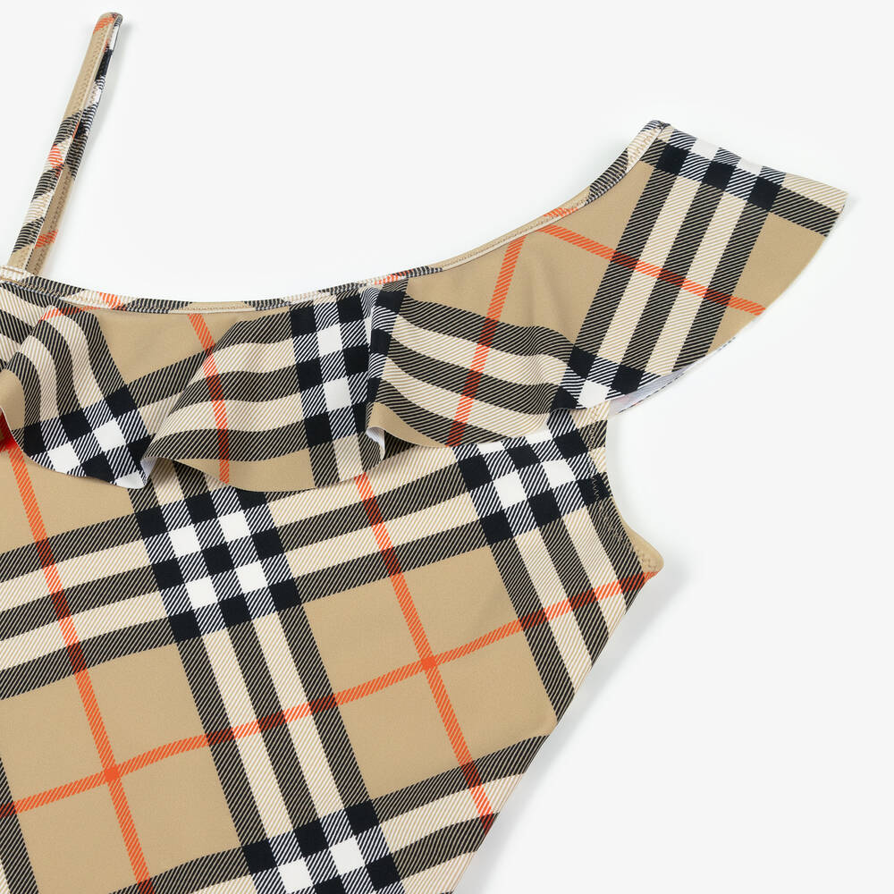 Burberry - Girls Beige Check Swimsuit | Childrensalon