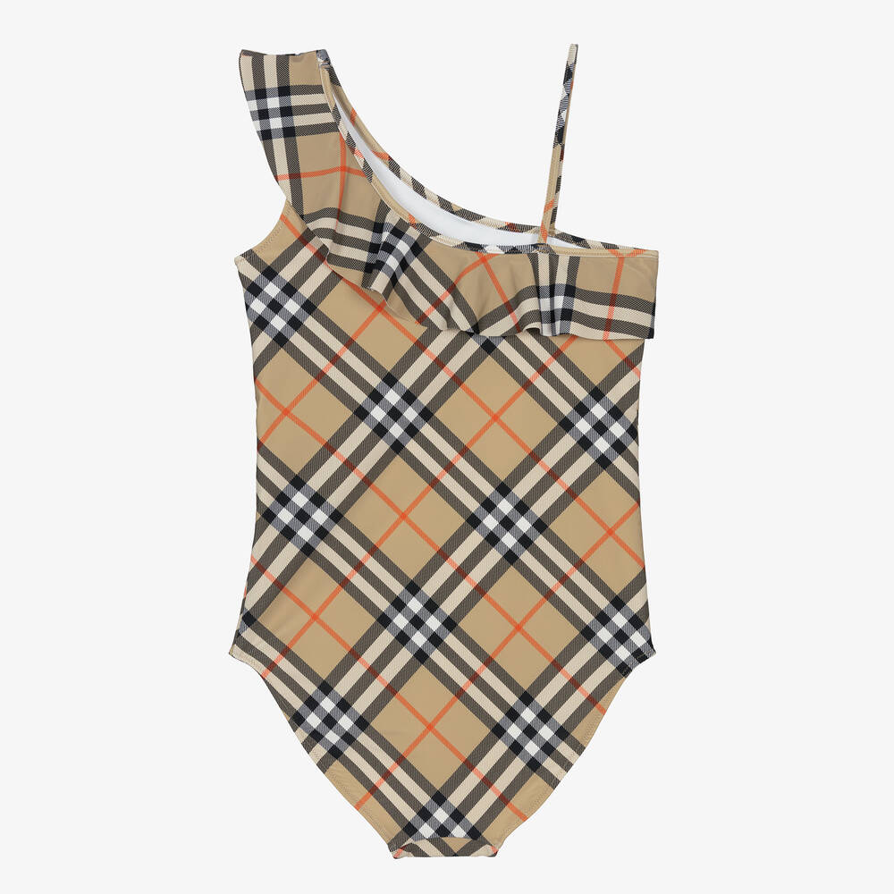 Burberry - Girls Beige Check Swimsuit | Childrensalon