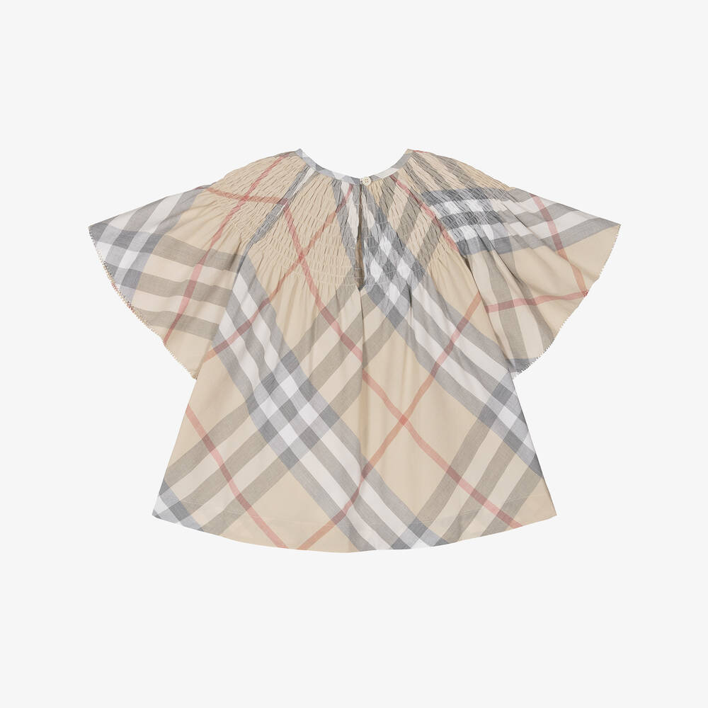 Burberry - Girls Beige Organic Cotton Check Blouse | Childrensalon