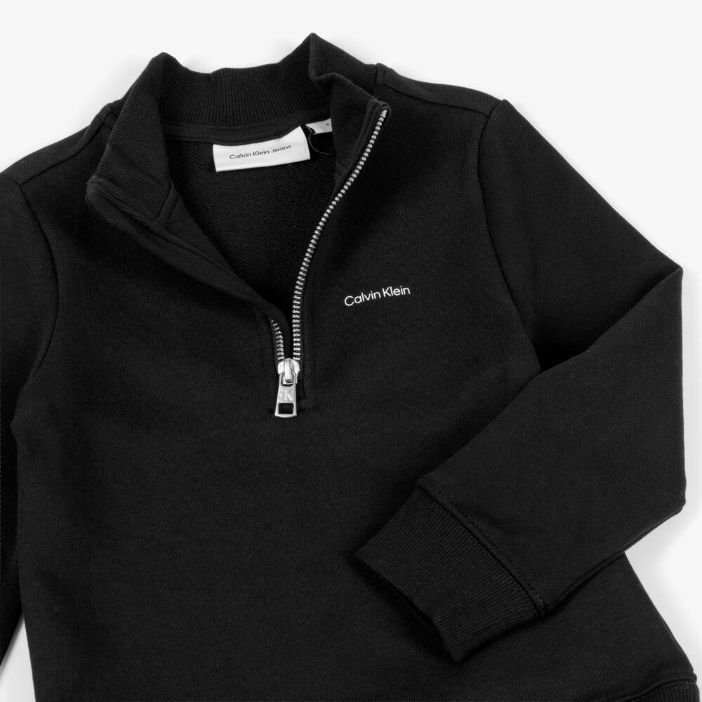 Calvin Klein - Boys Black Cotton Quarter-Zip Sweatshirt | Childrensalon