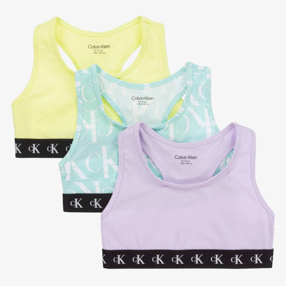 Calvin Klein - Purple & Green Cotton Cropped Tops (3 Pack) | Childrensalon
