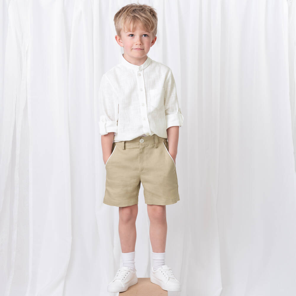Caramelo Kids - Boys Beige Cotton & Linen Shorts Set | Childrensalon