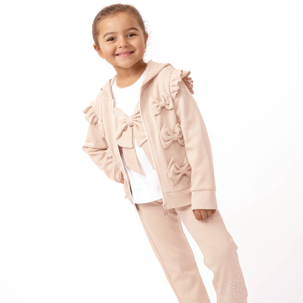Caramelo Kids - Girls Beige Cotton Bow Tracksuit Set | Childrensalon