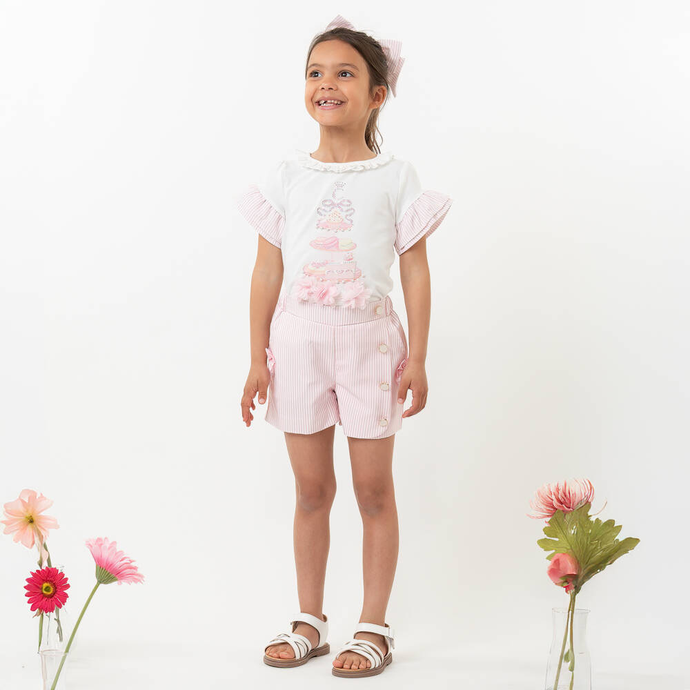Caramelo Kids - Girls Pink & White Tea Party Shorts Set | Childrensalon